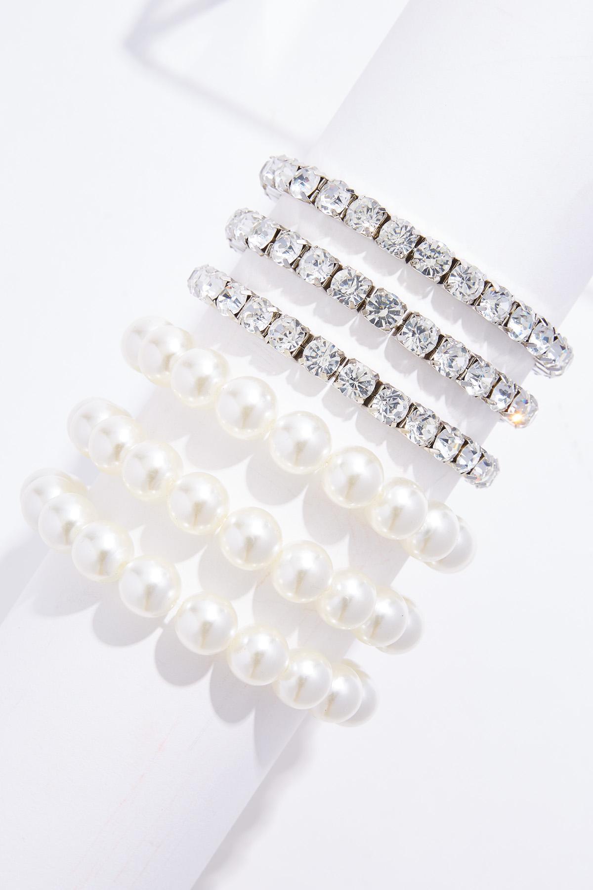 Statement Pearl Rhinestone Stretch Bracelet Set White